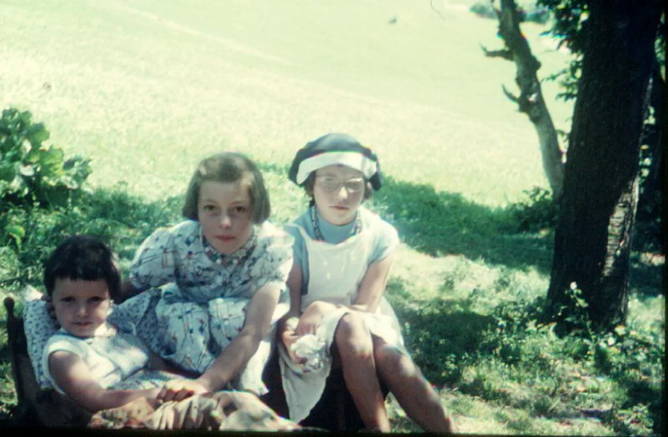 Trois enfants assis à l'ombre d'un arbre dans un pré verdoyant.